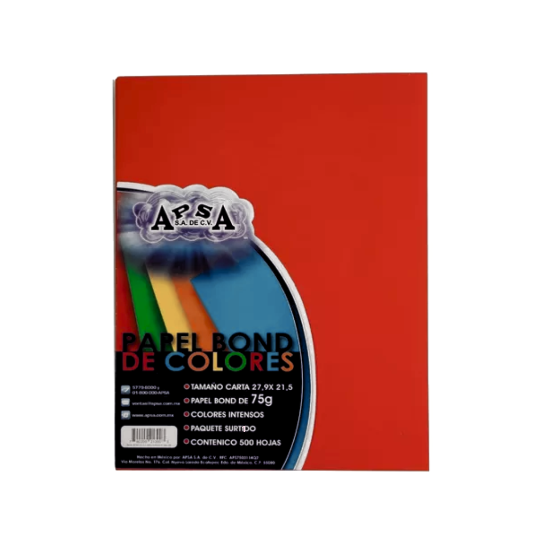 PAPEL BOND ROJO T/CARTA 100 HOJAS APSA – ofimarket.mx